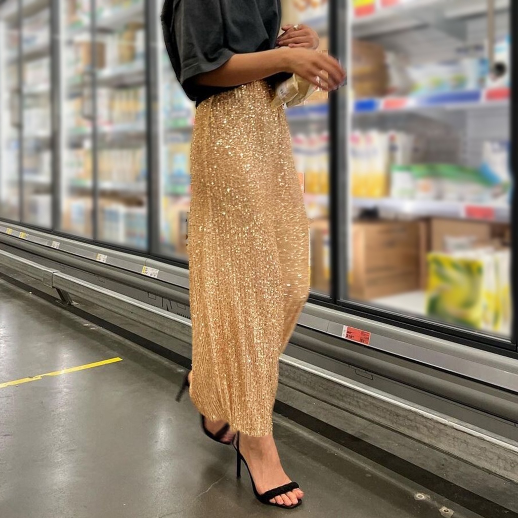 Mic Sequin Maxi Skirt Slim Fit Sequin Skirt Sparkling High Waist Maxi