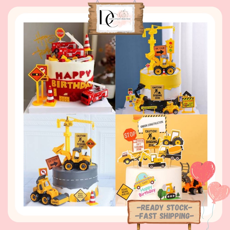 Construction Truck Excavator Theme Engineering Traffic Light Road Sign ...