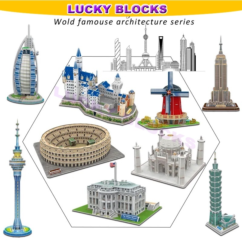 World famous building 3D model building blocks Twin Towers Taj Mahal ...