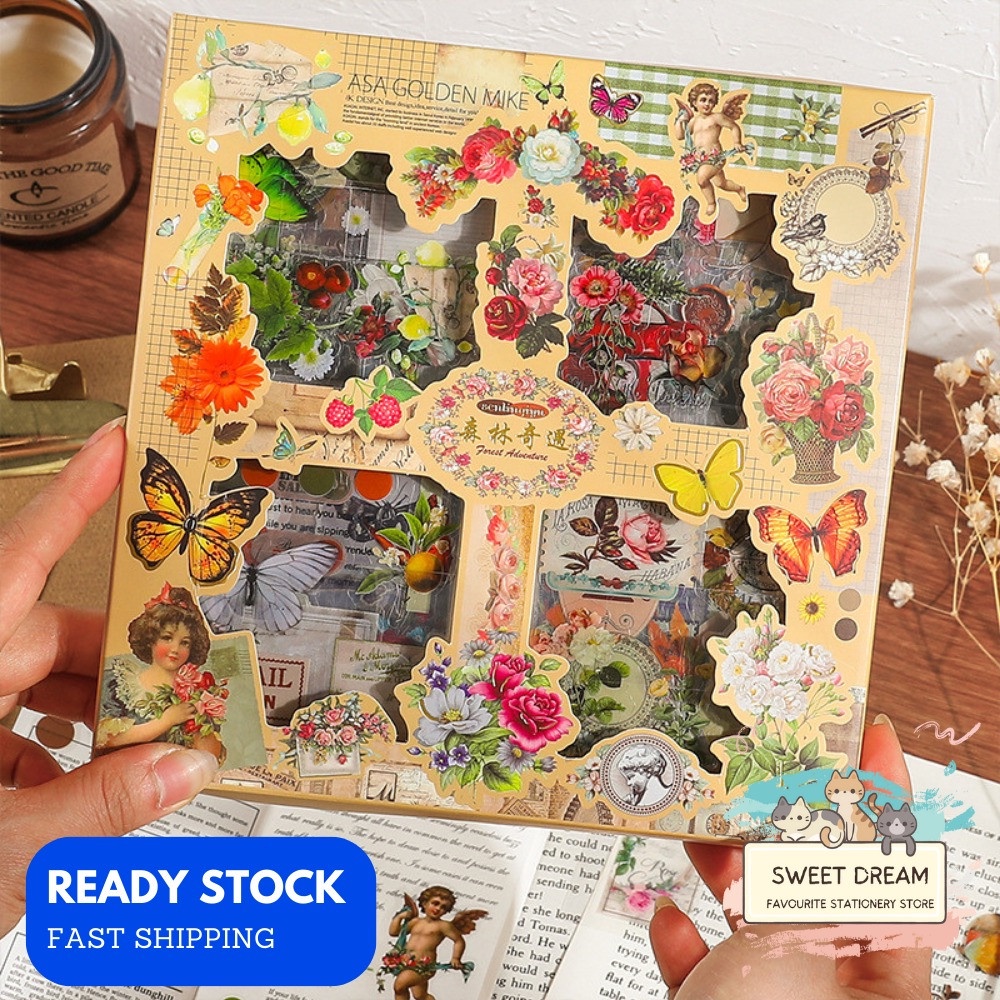 100 Pcs Vintage Flower Flora Butterlfy Ins PET Sticker Set (BOX ...