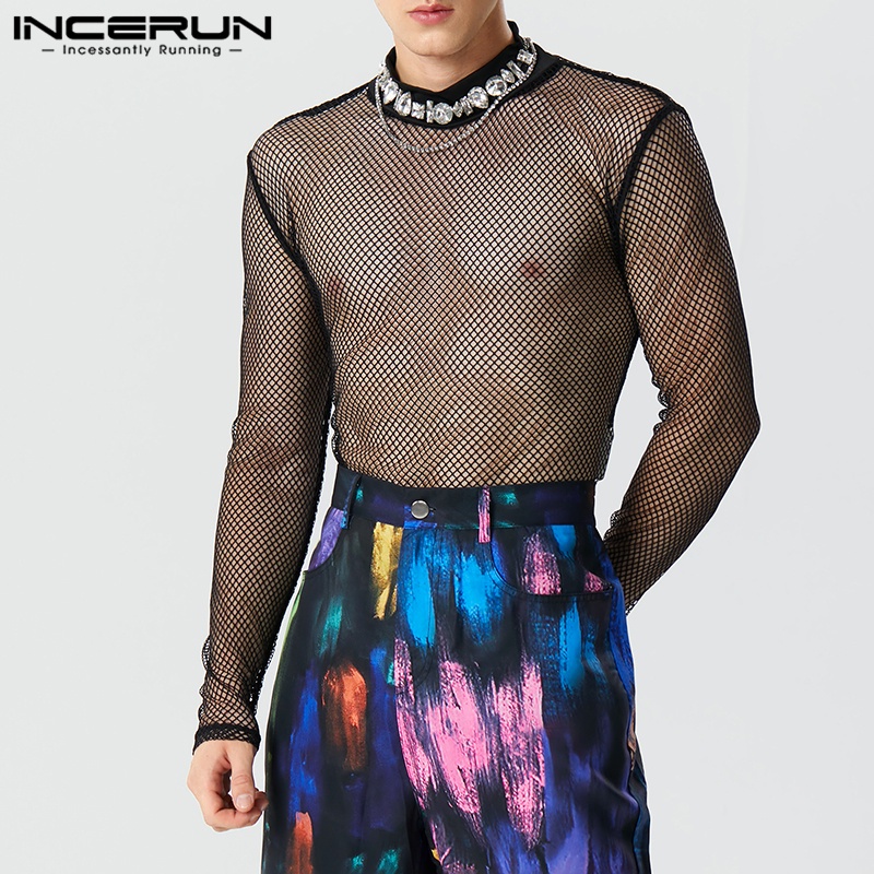INCERUN Men Fashion Half High Neck Mesh Hole Long Sleeve Bodysuits ...