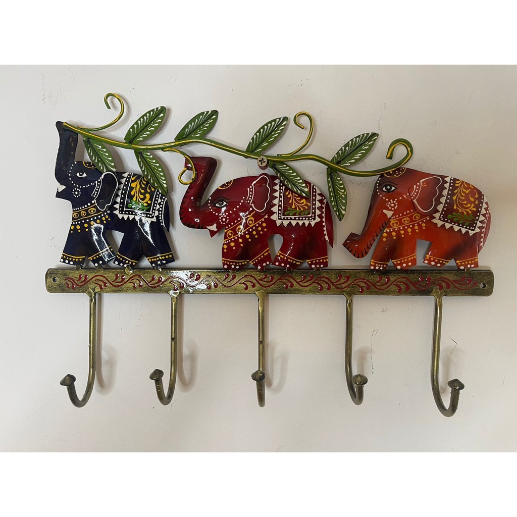 RN74 Hand painted- Wrought iron Three Royal elephants key holder with 4 ...