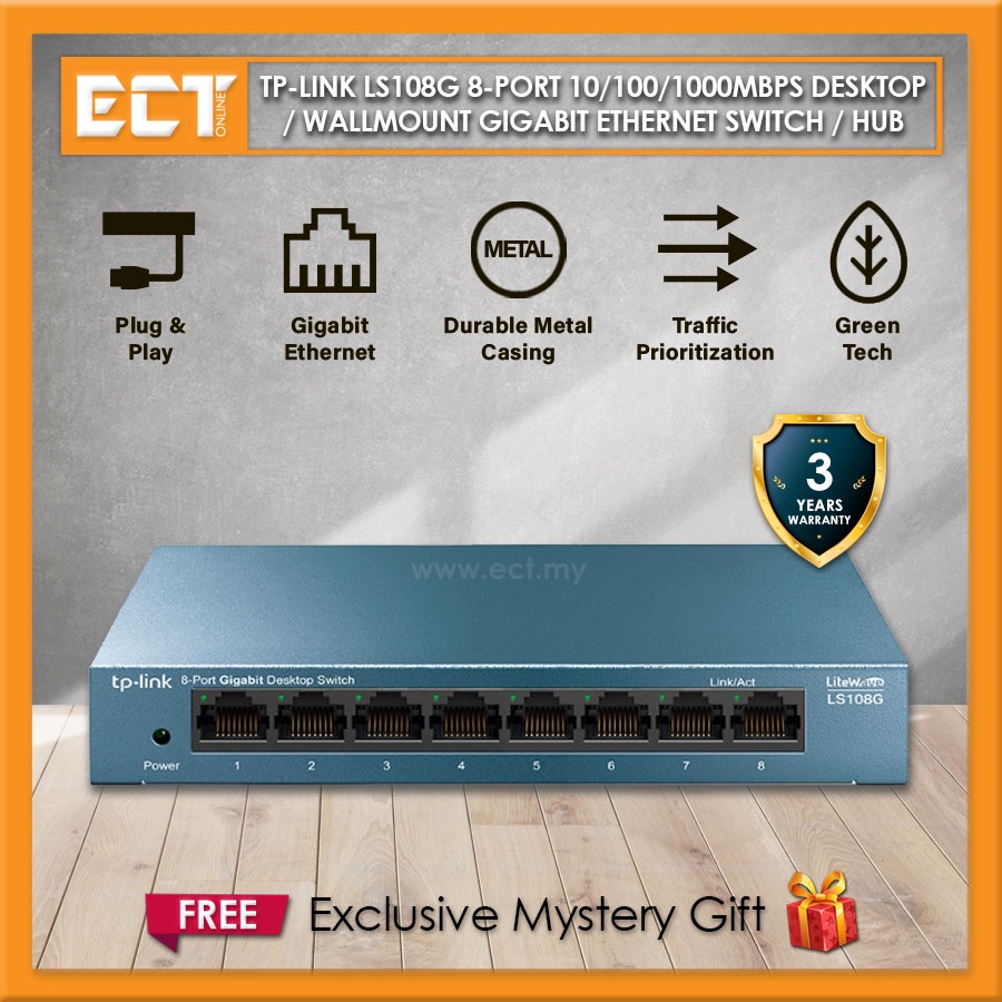 TP-Link LS108G 8-Port 10 / 100/ 1000Mbps Desktop / Wallmount Gigabit Ethernet Switch / Hub ...
