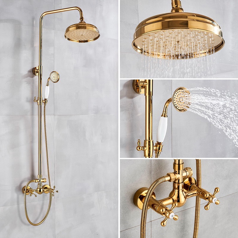 Luxury Gold Brass Bathroom Shower Faucet System Set 8 Inch Rainfall