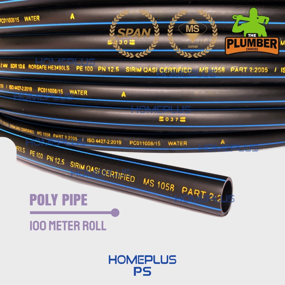 Homeplus HDPE PP Sirim Span Poly Pipe 100 Meter Roll Fittings Pipe Connector Black Penyambung ...