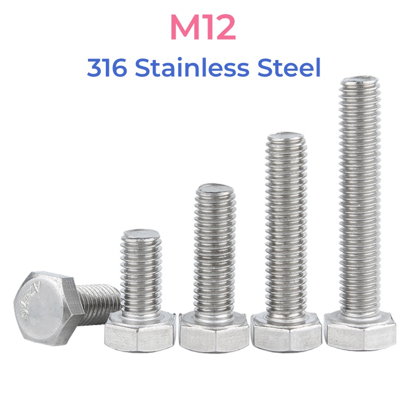 316 Stainless Steel External Hex Hexagon Head Screws M12 Full Threaded ...