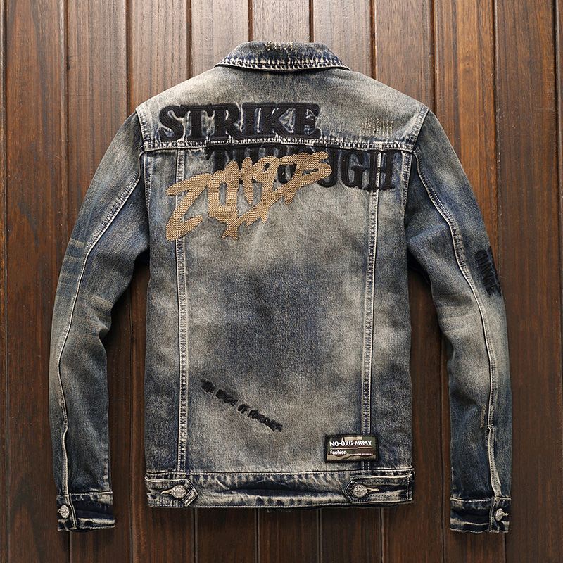 New Style Embroidered Denim Jacket Men Retro Washed Slim-fit Unique ...