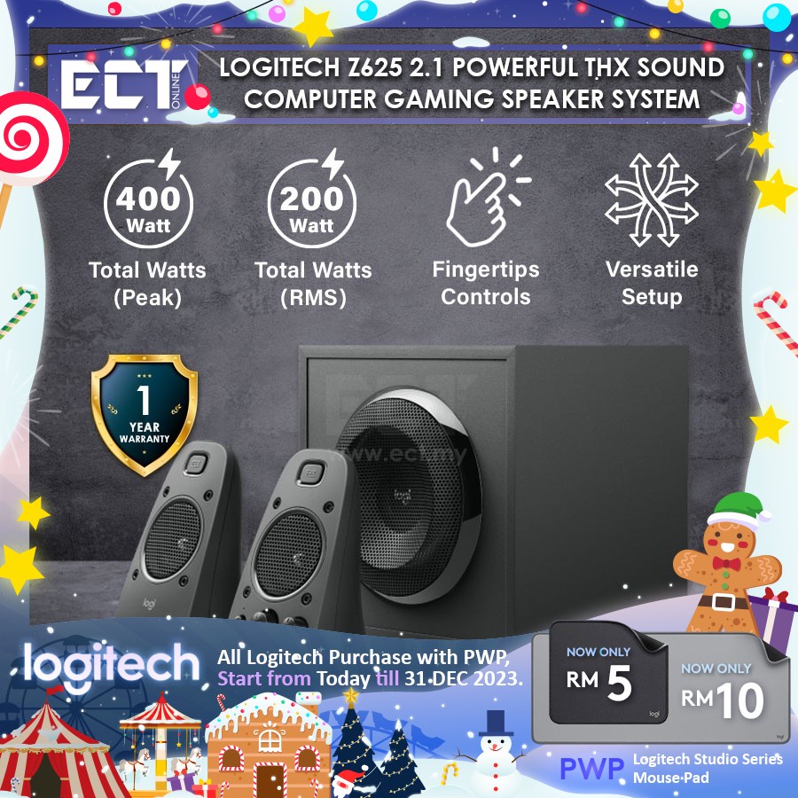 Logitech Z625 2.1 Powerful THX Sound Computer Gaming Speaker System with Subwoofer and Optical ...