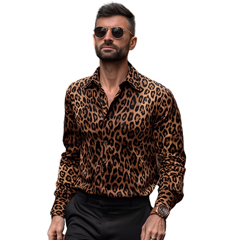 Men Leopard Print Shirt, Long-Sleeved Shirt, Large Top, Nightclub Party ...