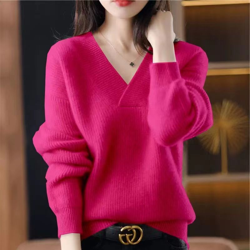 Autumn New Style Loose V Neck Sweater Women Fashion All Match Sweater