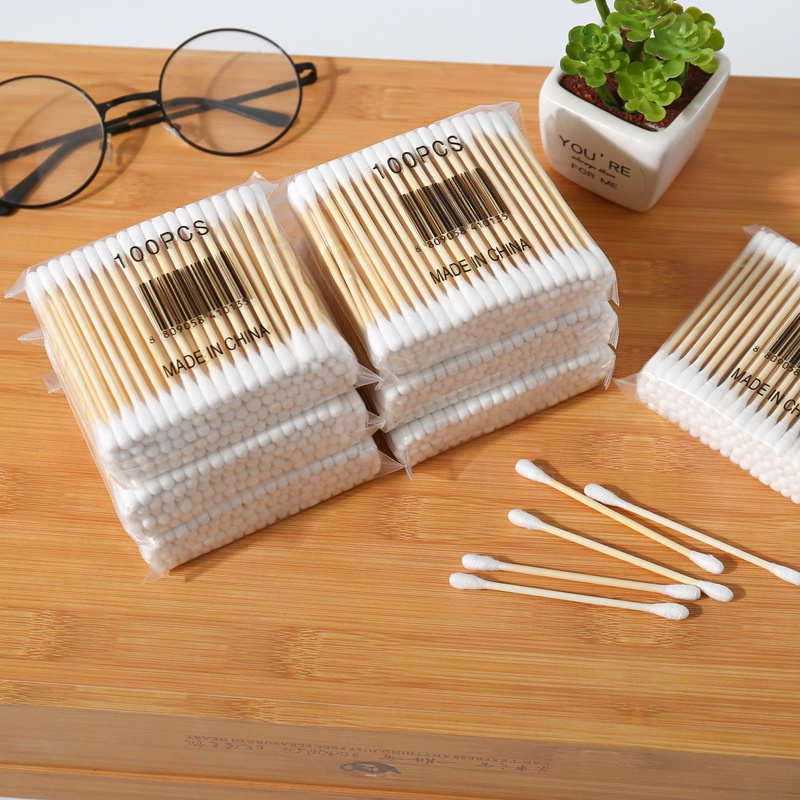 Package of 100 Wooden Ear Swabs, Multi-Purpose Double-Headed Acne Swabs ...