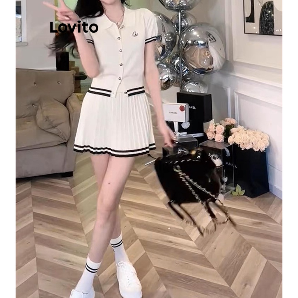 Lovito Casual Striped Button Skirt Sets for Women LNA19121 (Off White) Set Rok Kancing Bergaris ...