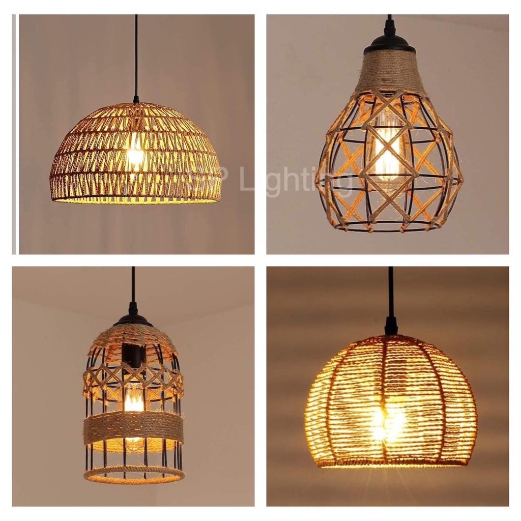 Rattan Hand Woven Pendant Light Hemp Rope Wicker Pendant Light Lampu ...