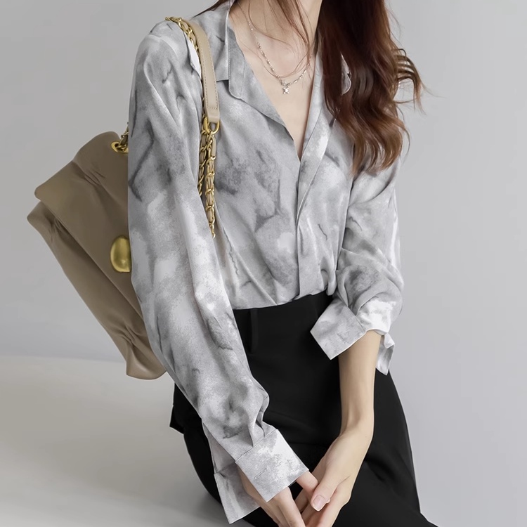 BH Korean women's ink printed satin blouse long sleeve polo collar high ...
