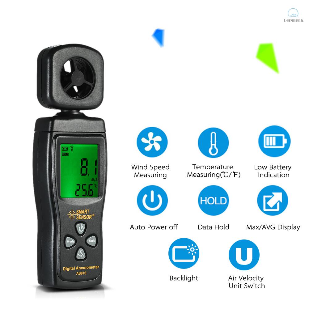 SMART SENSOR Mini Anemometer LCD Digital Wind Speed Meter Air Velocity ...