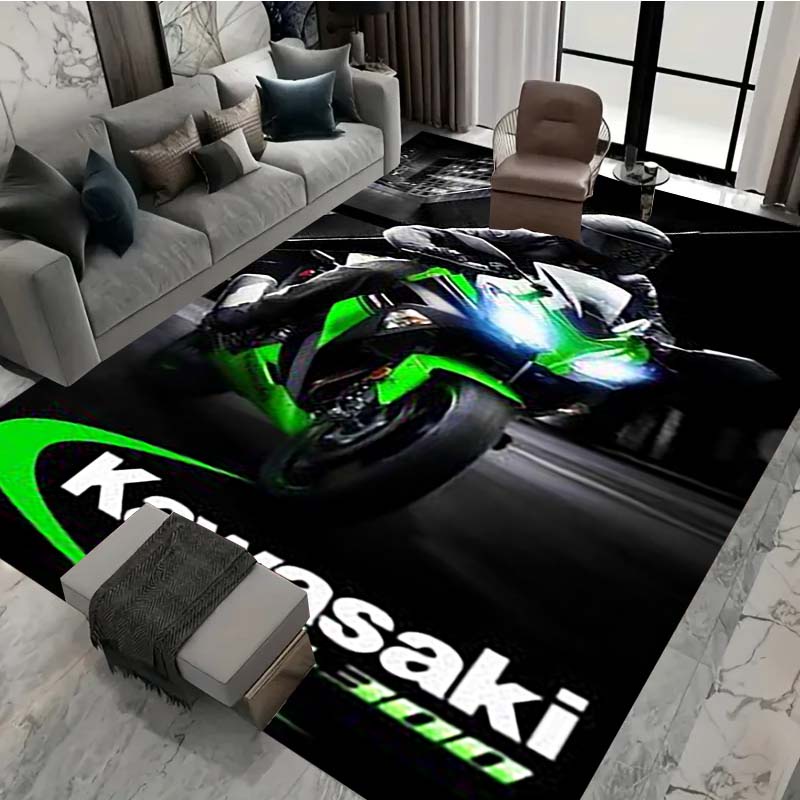 3D motorcycle Kawasaki printed carpet, living room, sofa area, children ...