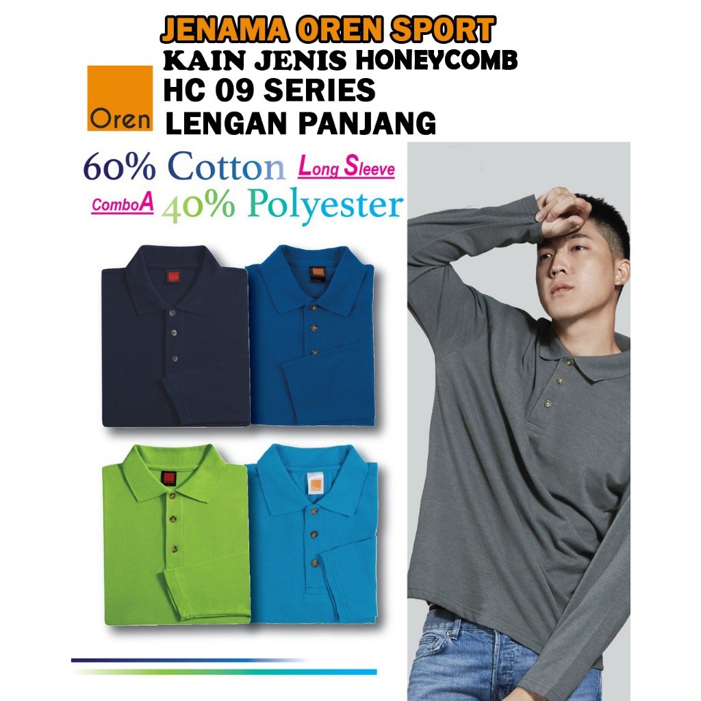 TSHIRT BERKOLAR LENGAN PANJANG KAIN JENIS HONEYCOMB HC09 COMBO C JENAMA ...