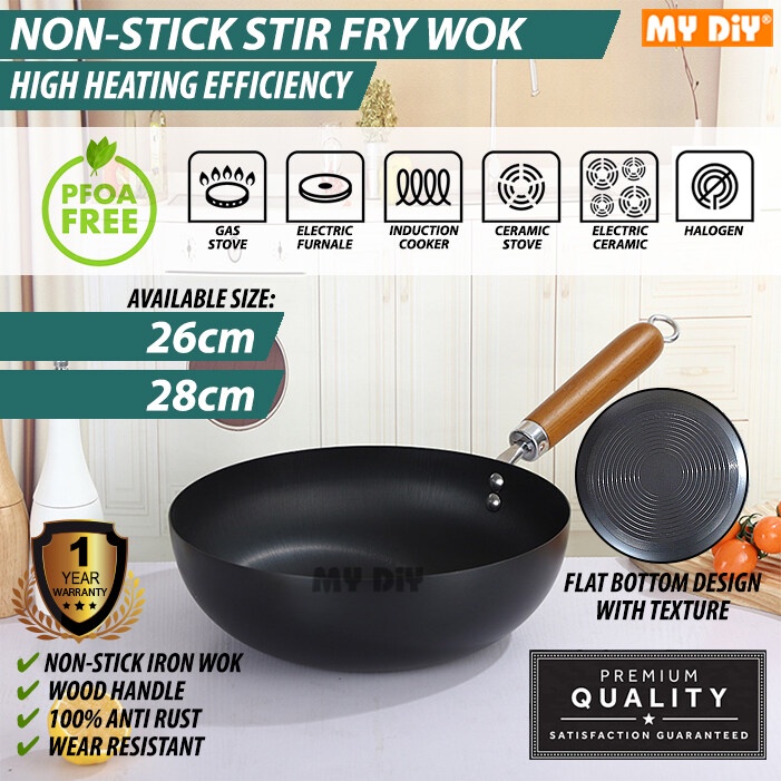 MYDIYHOMEDEPOT - Non Stick Traditional Wok Flat Bottom Wok Pan Stir Fry ...