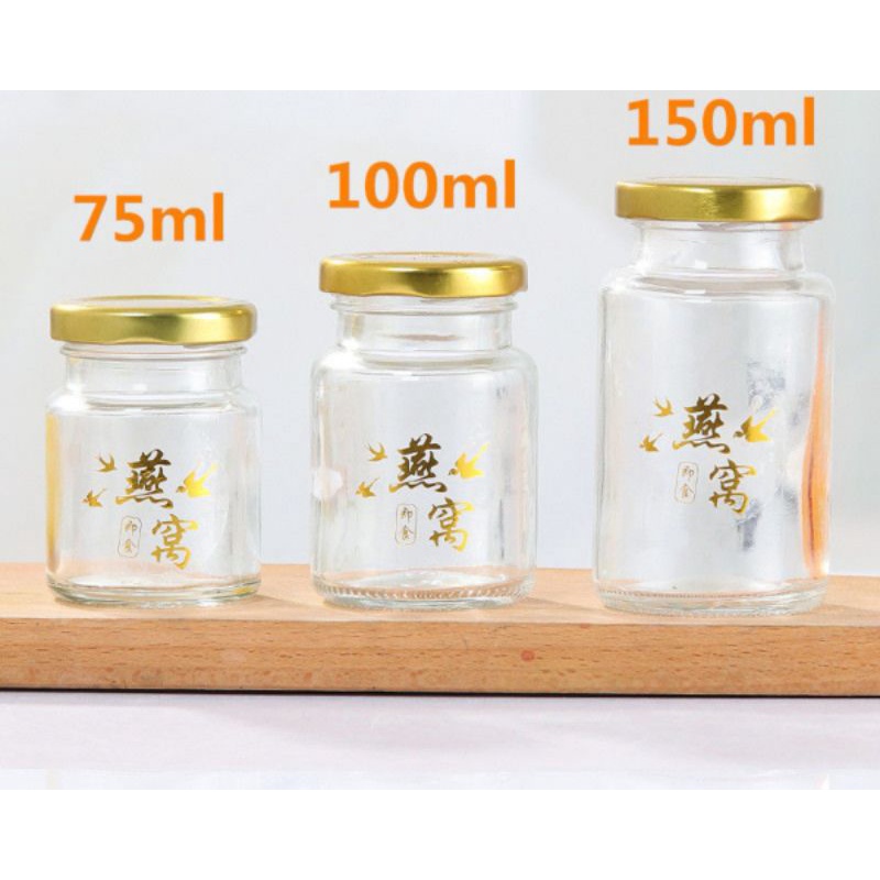 ROUND BIRD NEST/PUDDING/ JAM/ SAMBAL GLASS JAR WITH BLACK / GOLD / SILVER METAL LUG CAP | Shopee ...