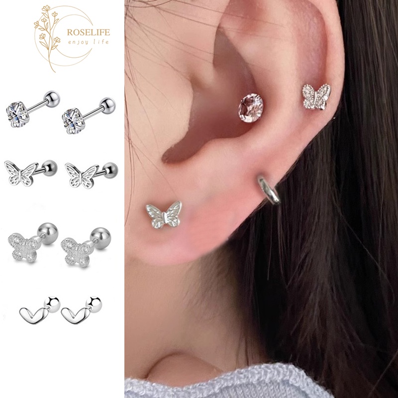 Roselife Trendy S925 Silver Rhinestone Heart Butterfly Pierced Screw ...