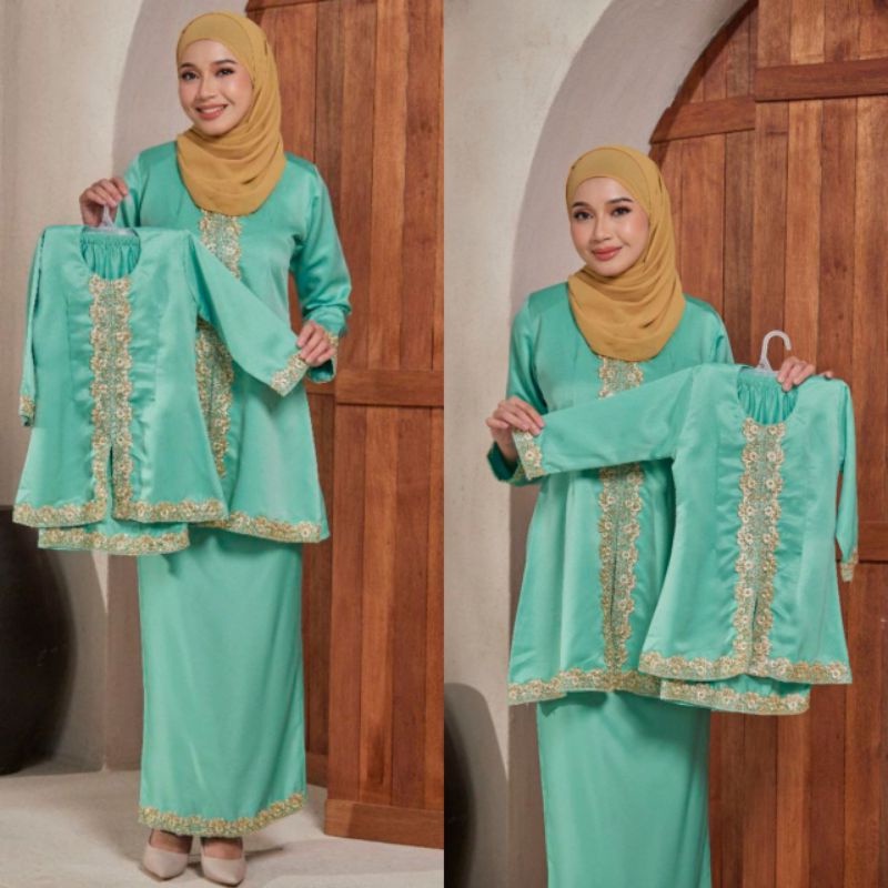 BAJU KEBAYA CLARISA SEDONDON IBU ANAK BAJU RAYA 2024 PEACH TURQOISE ...
