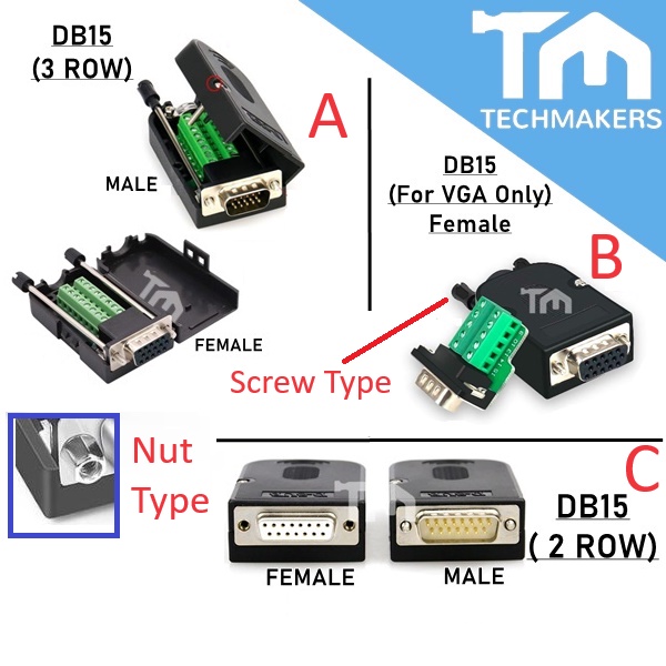 DB15 DB 15 Male/Female Solderless Solderless Connector 2 Row / 3 Row 15 ...