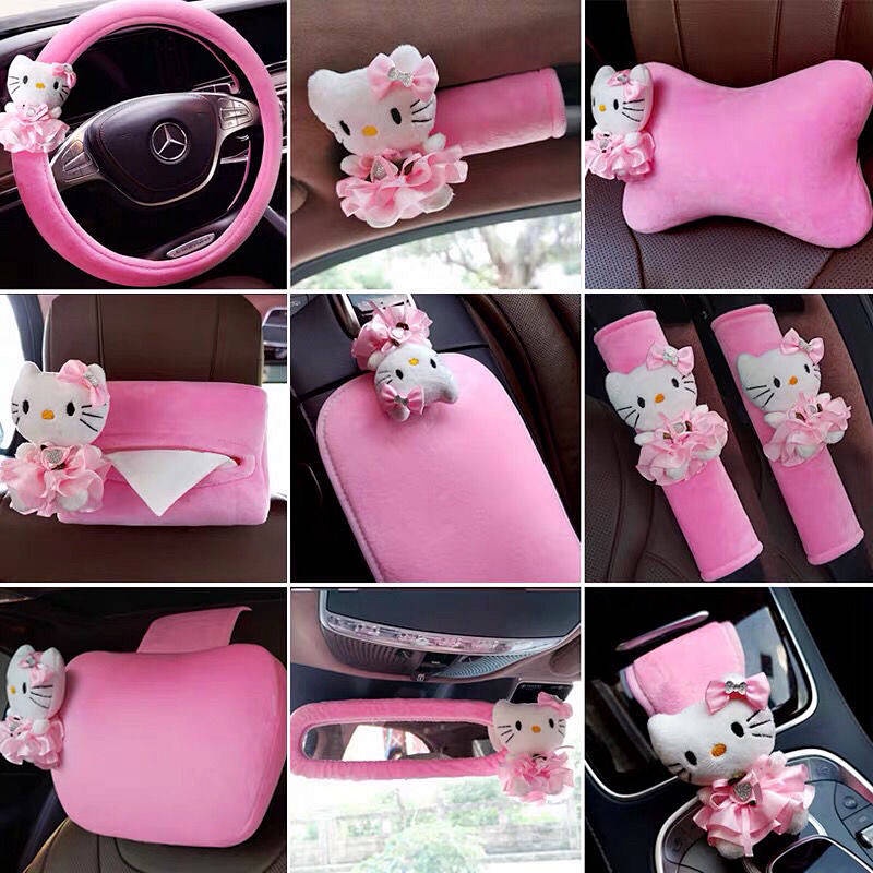 New Pink Hello Kitty Cartoon Plush Car Steering Wheel Cover Cute Headrest Lumbar Support Pillow Car Interior Decoration Supplies for Women LG6j Shopee Malaysia