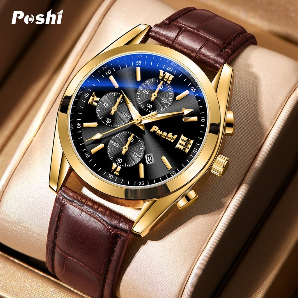 Original POSHI Watch For Men Waterproof Military Casual Leather Sports ...