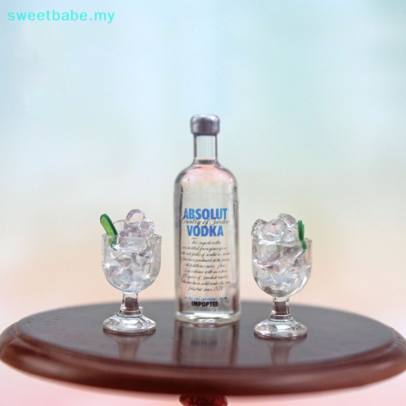 SWEETBABE 3pc Dollhouse Mini Resin Vodka Bottle Wine Glass Set ...