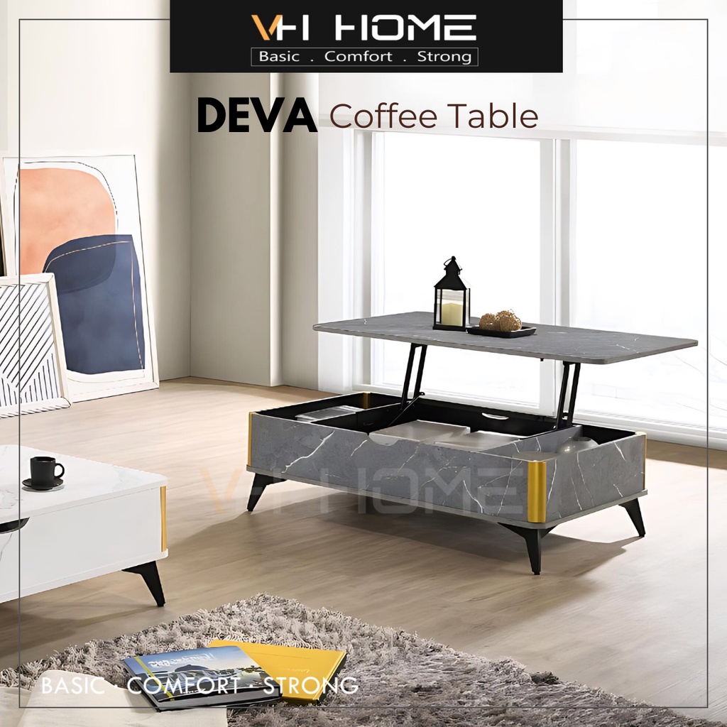 VH DEVA Coffee Table Marble Board Foldable Spring Lift Table Top Meja Kopi Side Table Living ...