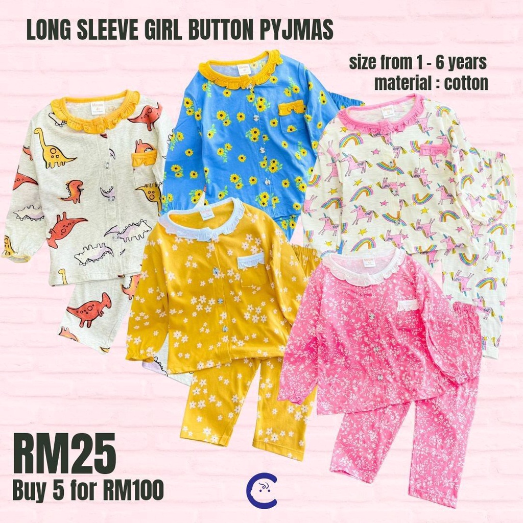 Long Sleeve Ruffle Button Girl Pyjamas Part 2 | Shopee Malaysia
