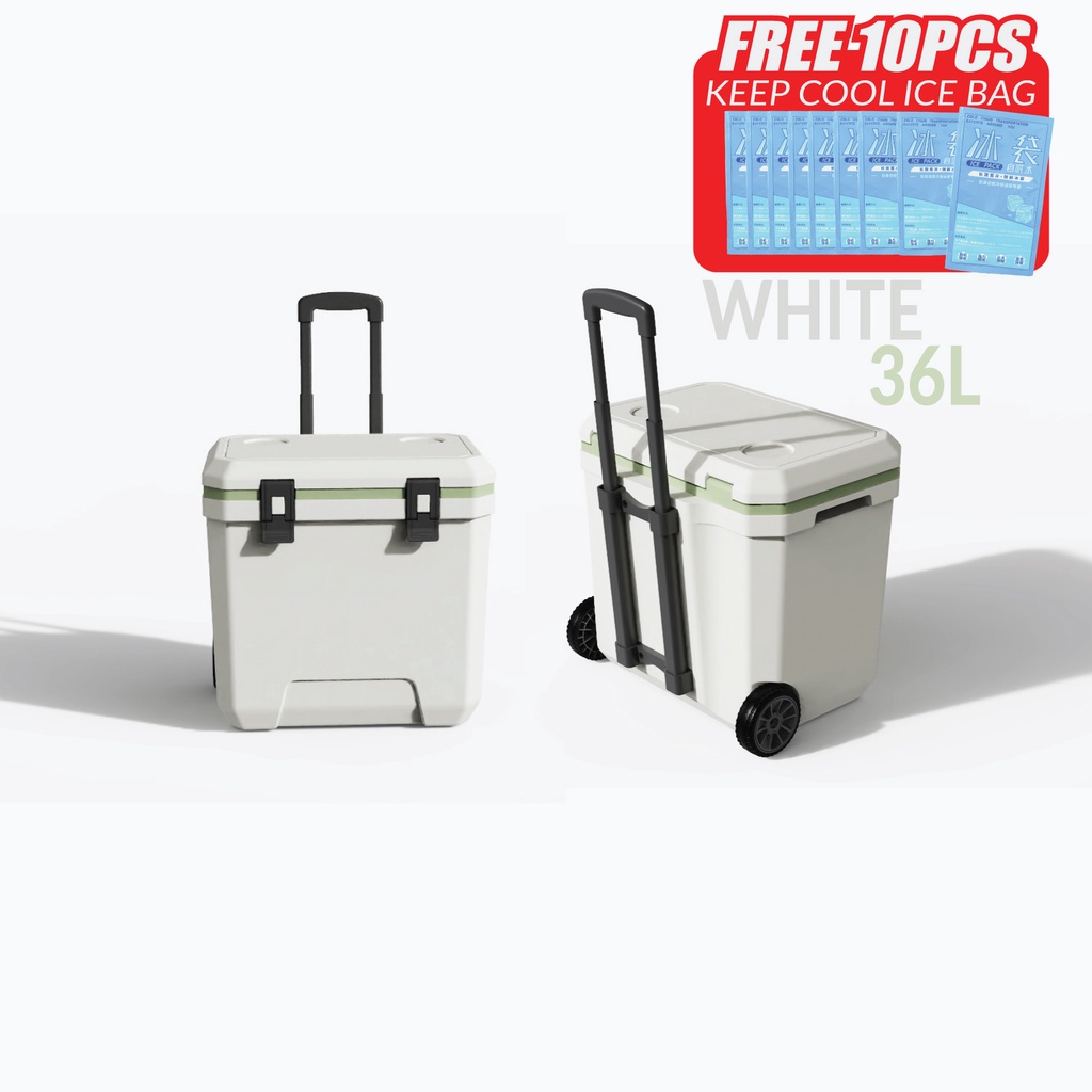 36L Trolley Ice Box Cooler With Wheel Black and White Portable Outdoor ...