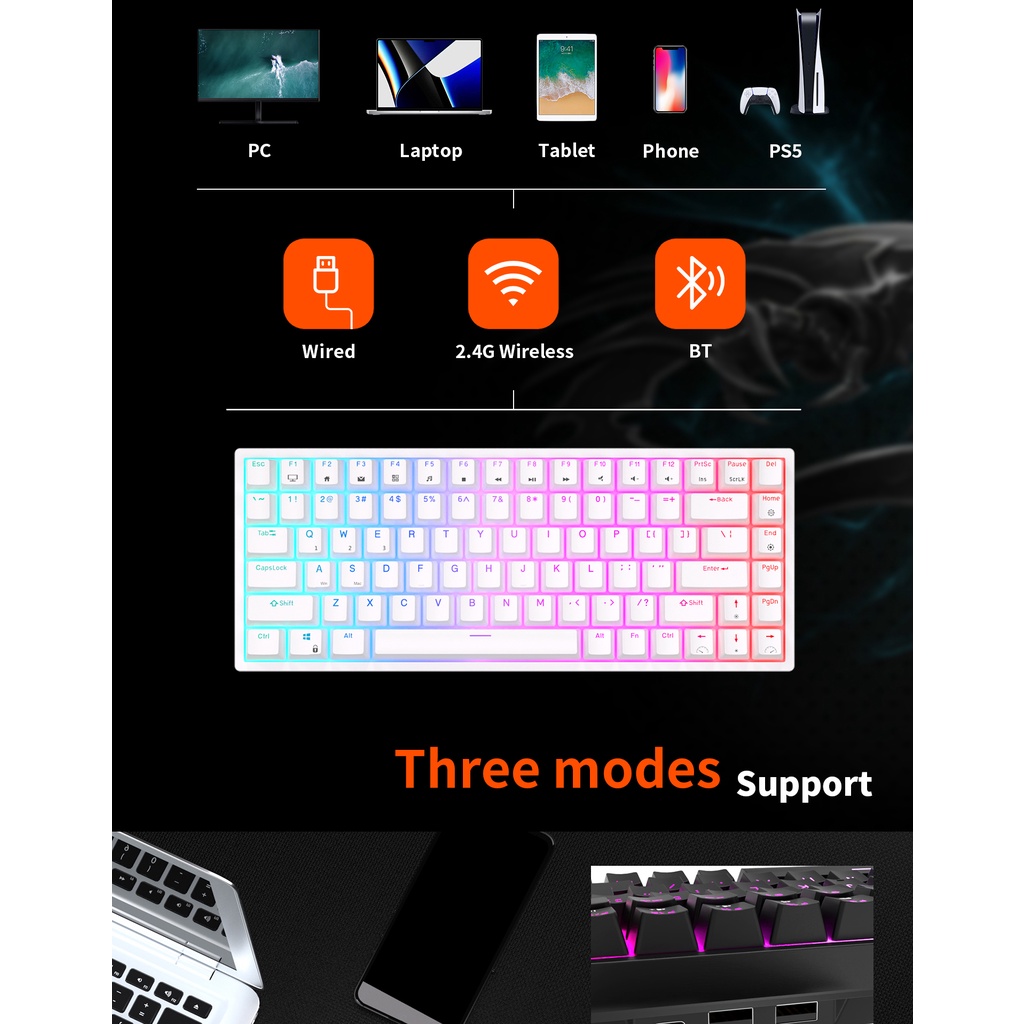 Royal Kludge RK84 Tri-Mode Hotswappable RGB Backlit Bluetooth 2.4G ...
