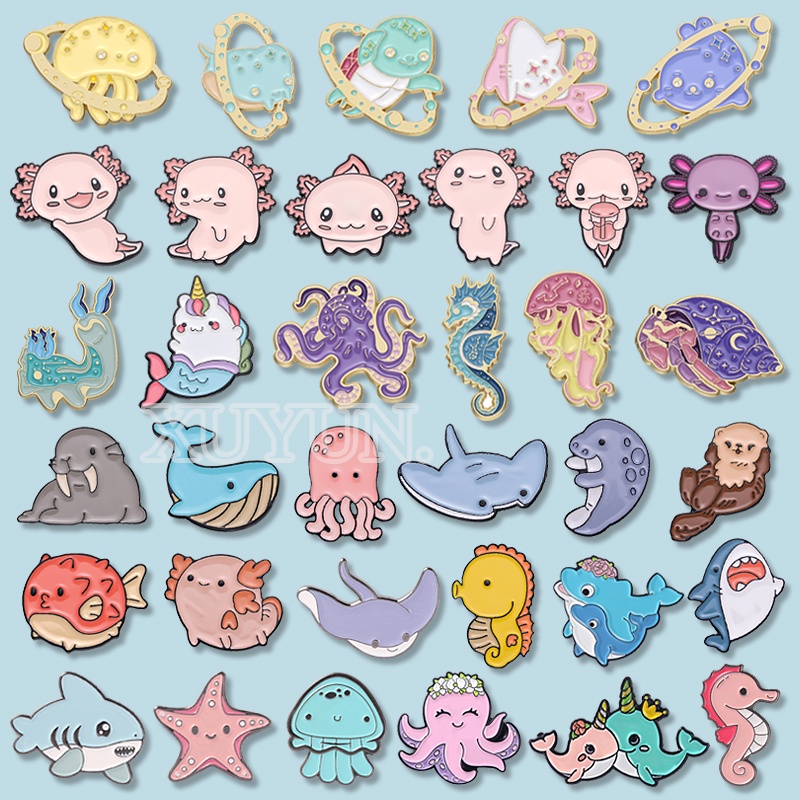 Cartoon Sea Life Enamel Pins Cute Pink Salamander Dolphin Shark Metal ...