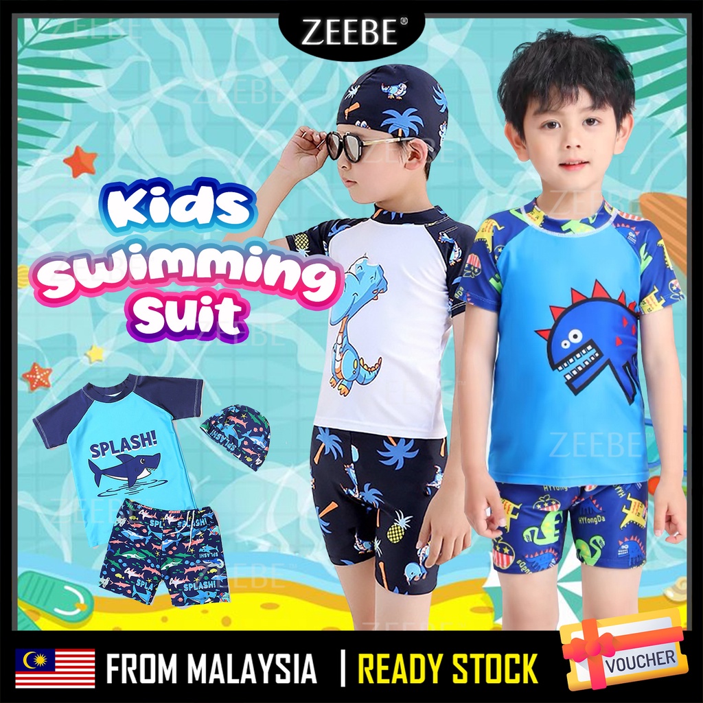 ZEEBE [Free Cap] 3Pcs Set Swimming Suit Kid Boy Swimwear Dinosaur ...