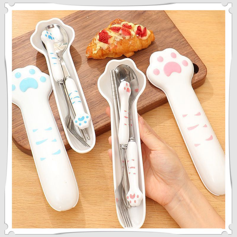 Cute Cat Paw Cutlery Set Stainless Steel Fork Spoon With Storage Box ...