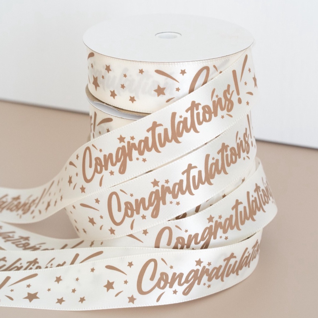 SHIOK 2.5cm x 20yard Congratulations Cream Ribbon Brown Words For ...