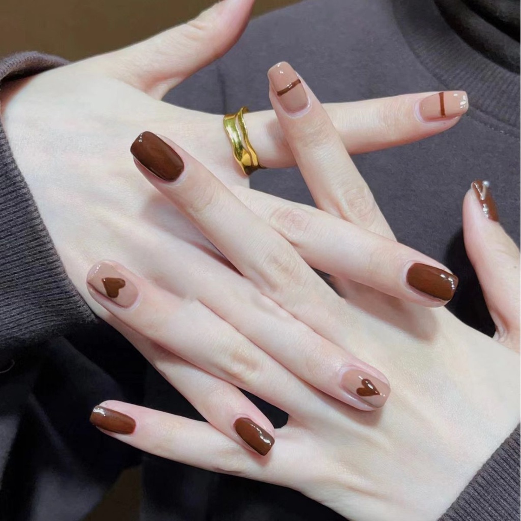 【HANDMADE】Artificial Nail Mandarin Duck Milk tea Short Style ...