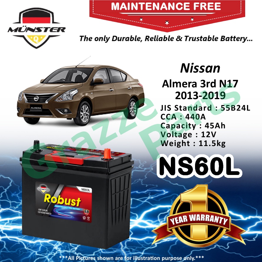 Münster Robust MF CMF NS60L | 55B24L (45AH) Car Battery Bateri Kereta ...