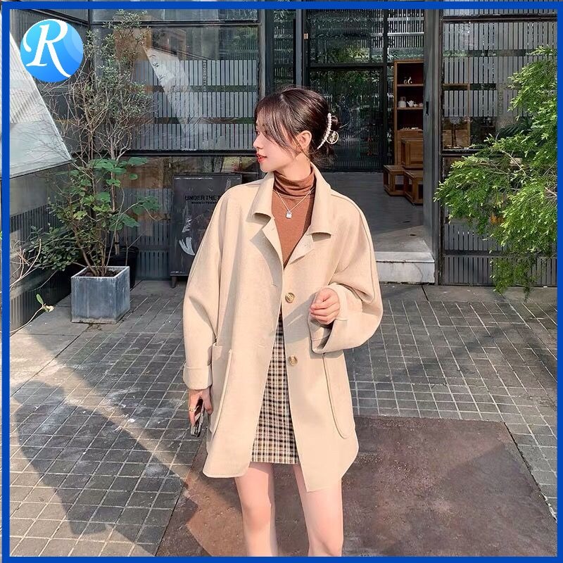 Autumn Winter Women's British Style Woolen Coat Loose Medium Length ...