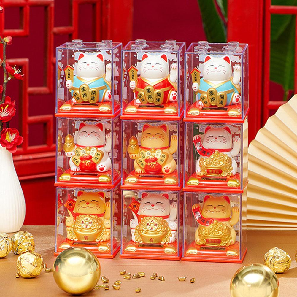 Lucky Cat Ornament Solar Automatic Waving Hand Decoration Yellow Color Cat Home Decor | Shopee ...