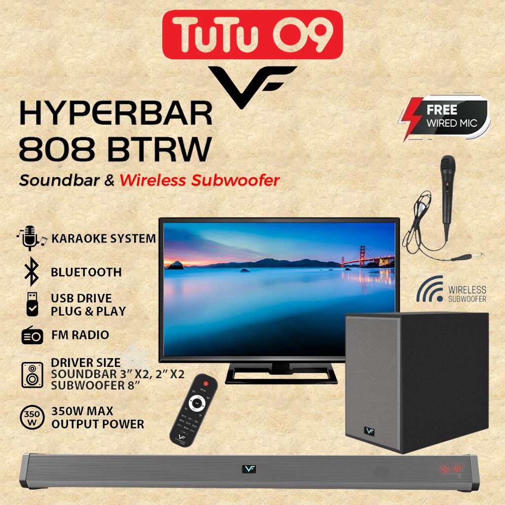 Vinnfier VF HyperBar 808 BTRW Karaoke 350W Bluetooth TV Soundbar 8 ...