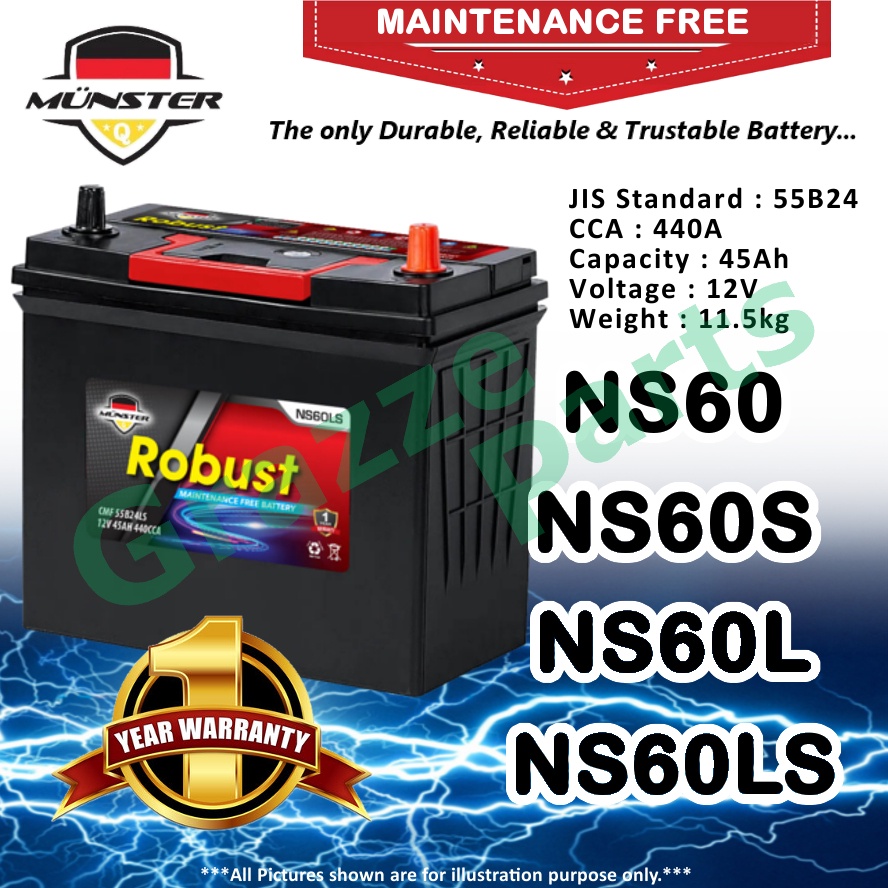 Münster Robust MF CMF NS60 | NS60S | NS60L | NS60LS | 55B24 (45AH) Car Battery Bateri Kereta ...