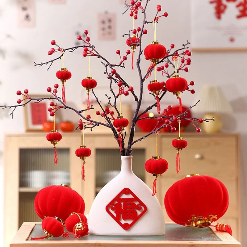Mini Chinese Lantern Flocking Small Red Lanterns DIY Spring Festival ...