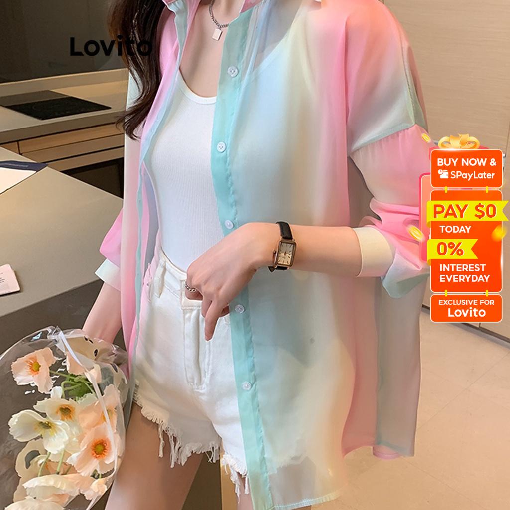 Lovito Casual Tie Dye Bow Front Colorblock Long Sleeves Blouse for ...