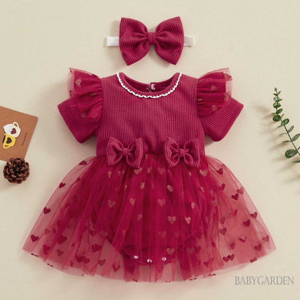 BAGA-Baby Girl Valentine´s Day Romper with Bow Headband Short Sleeve Heart Print Tulle Mesh ...