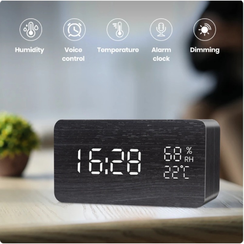 LED Digital Alarm Clocks Desk Wooden Alarm Clock with Voice Control ...