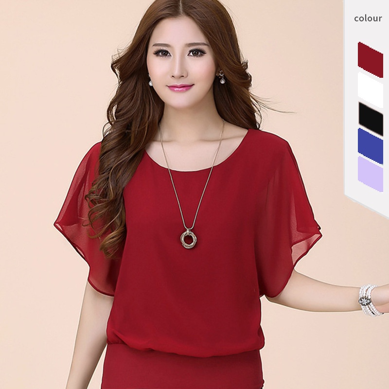 S-5XL Blouse Plus Size Chiffon Women Korean Round Neck Loose Bat T ...