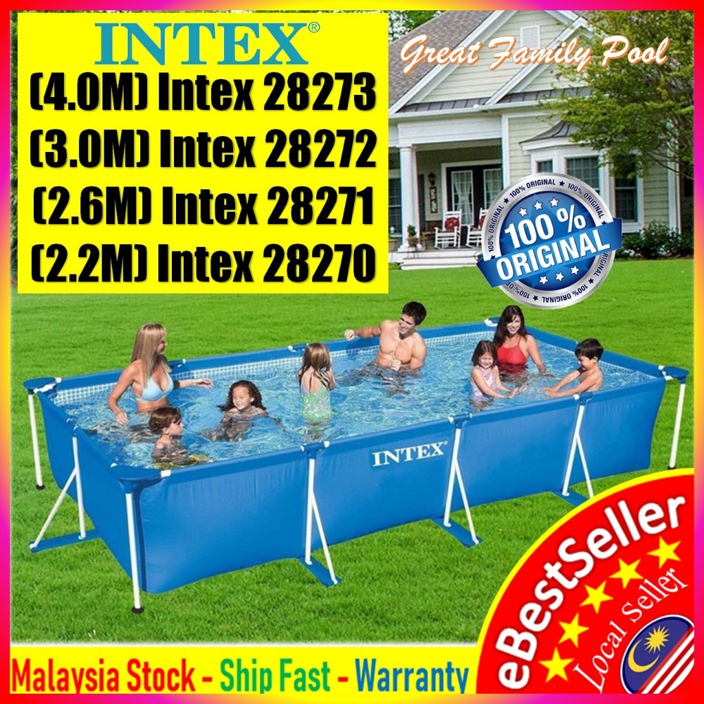 100% Original Intex Rectangular Metal Frame Family Swimming Pool Kolam ...