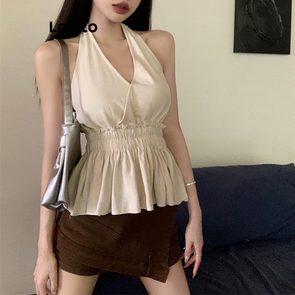 Lovito Elegant Plain Smocked Ruffle Tank Top for Women LNE33004 ...